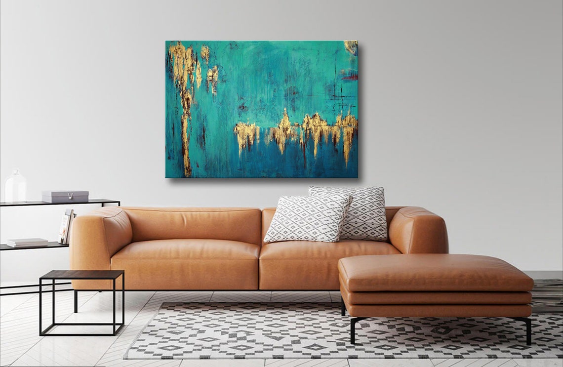 Turquoise Gold Abstract Painting Large Modern Pallet Knife - Etsy