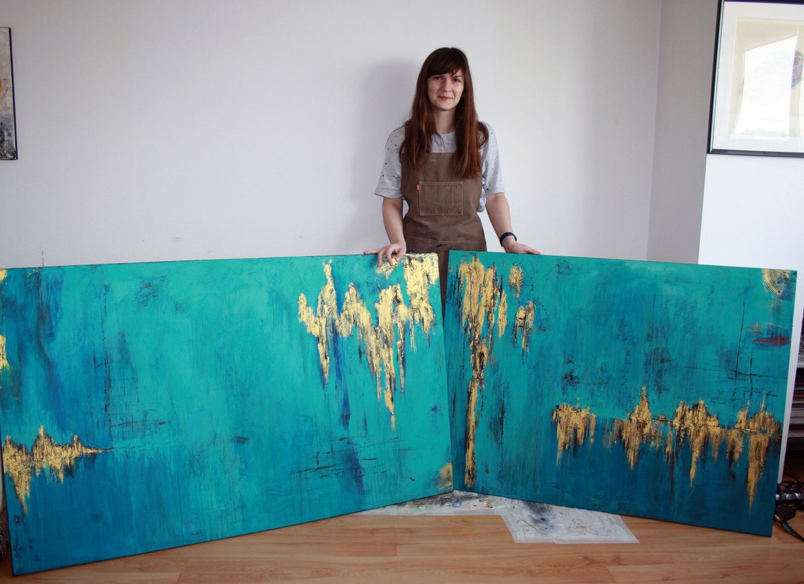 Turquoise Gold Abstract Painting Large Modern Pallet Knife - Etsy
