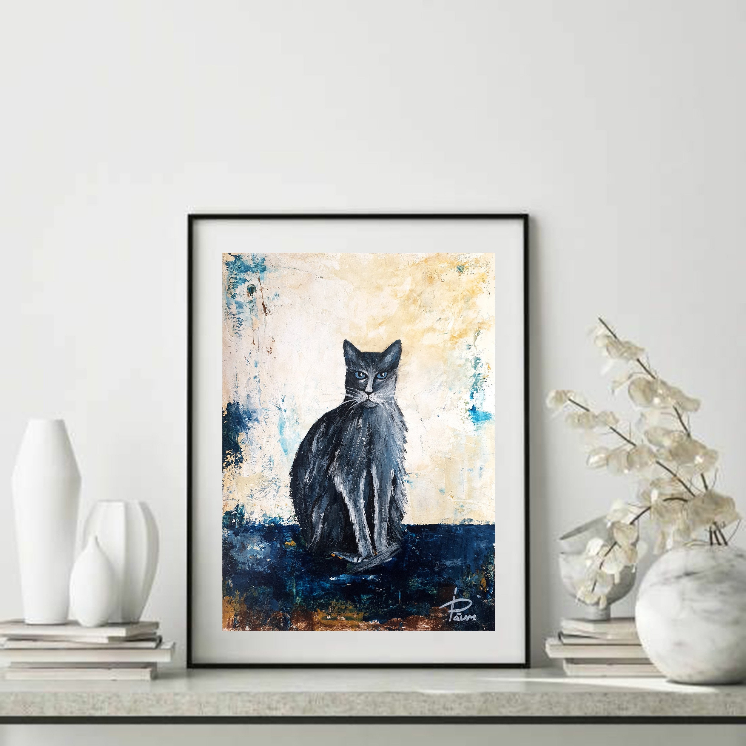 Personalized Pet Portrait Prussian Blue Cat Painting Blue | Etsy
