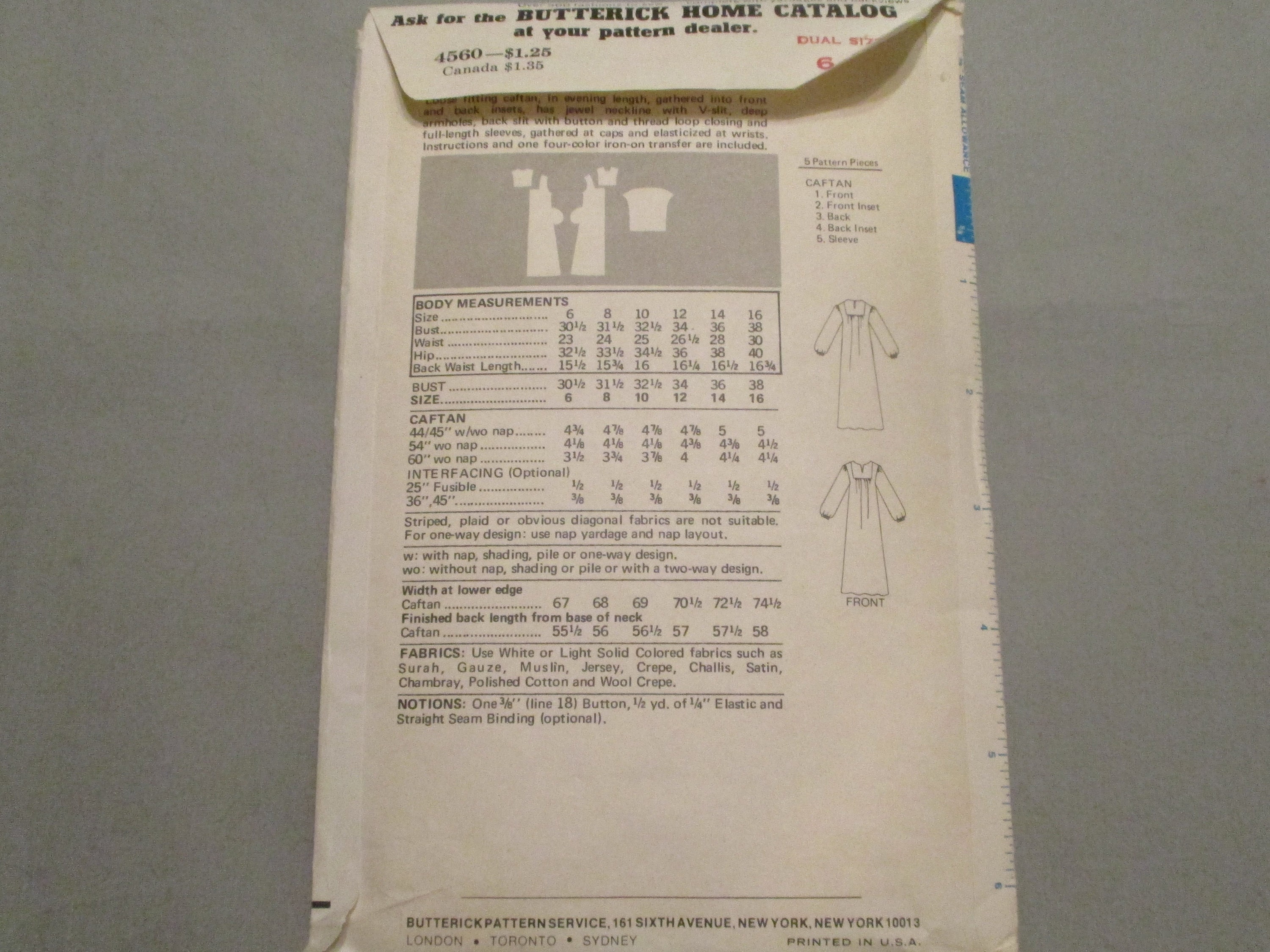 Butterick 4560 Caftan Pattern Dual Size 6-8 With Transfer - Etsy