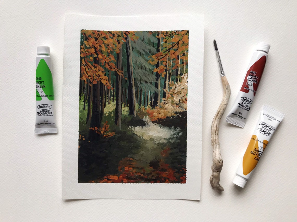 Gouache Forest Landscape Painting, Autumn Woods Scenery, Vintage Small ...
