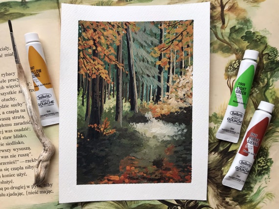 Gouache Forest Landscape Painting Autumn Woods Scenery | Etsy