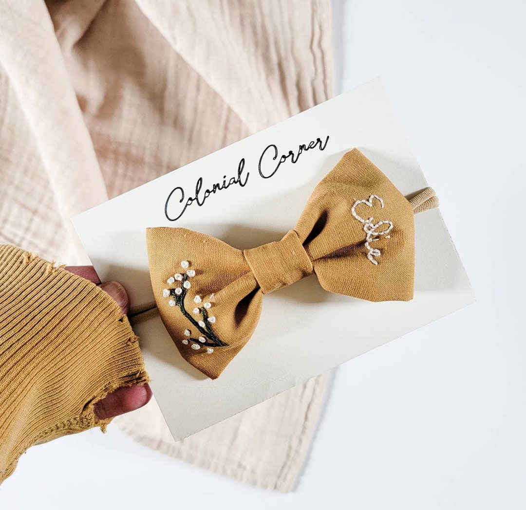Personalized Bows, Mustard Colored Fabric, Hand Embroidered, Name Bows ...