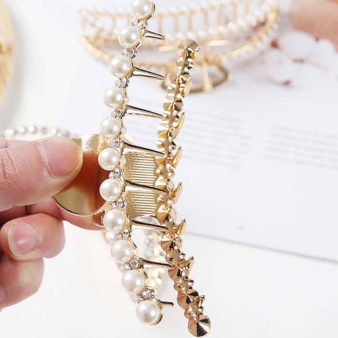 Pearl Rhinestone Hair Claw Clip Pearl Hair Claws Metal Shark Etsy