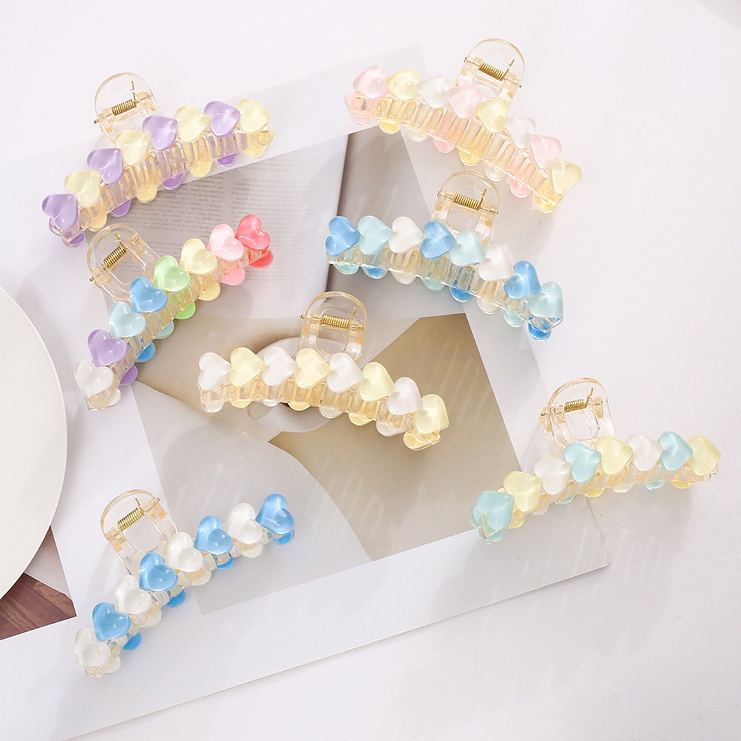 Shiny Colorful Heart Hair Clips for Women, Strong Hair Claw, Large Hair ...