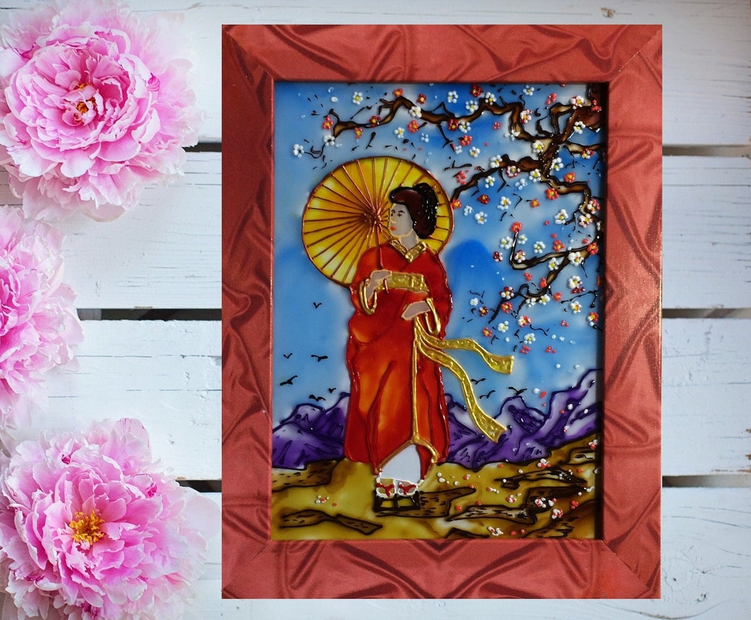 Geisha Glass Painting Original Art Stained Glass Panel Japanese Wall ...