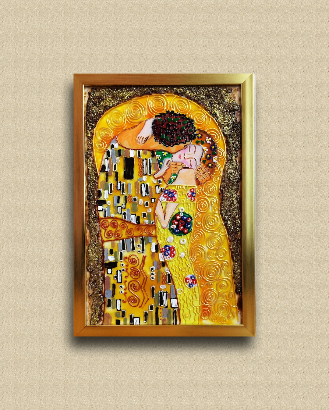 Stained Glass Panel the Kiss Gustav Klimt Kiss Couple Framed Stained ...
