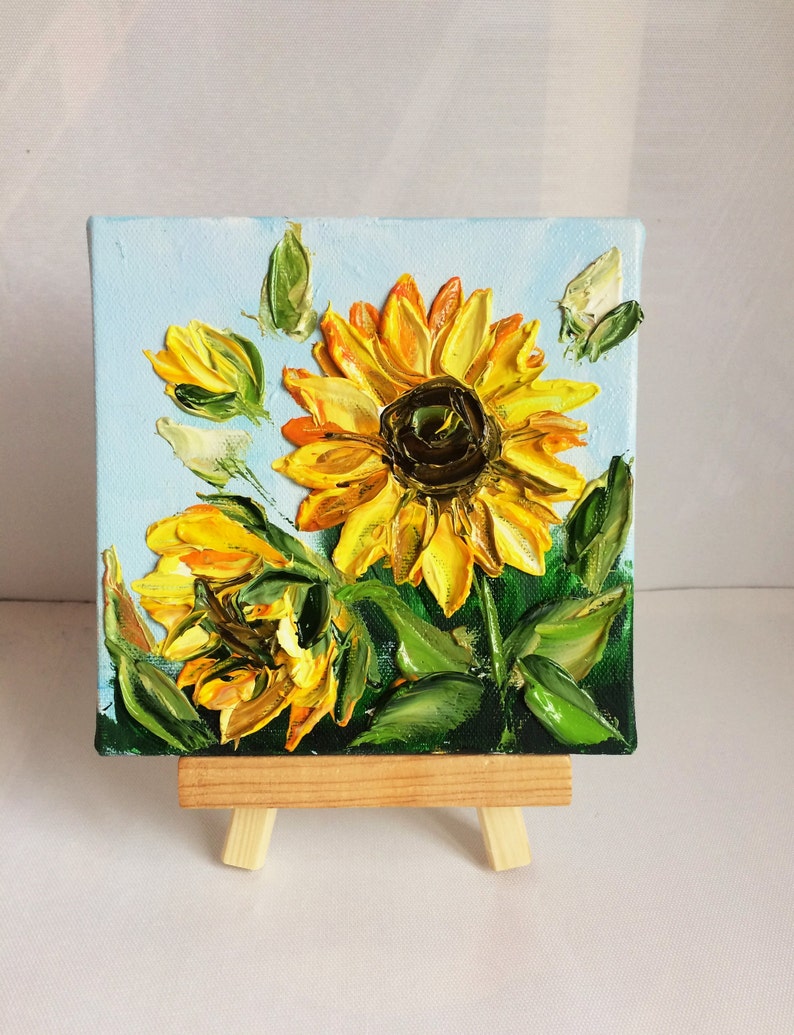 Sunflowers Mini Canvas Painting Yellow Flowers Tiny Artwork Decor Wall ...