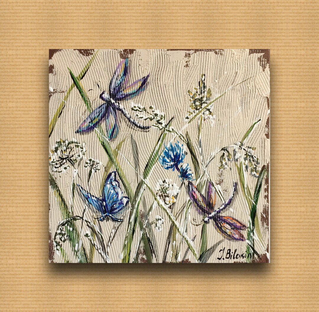 Boho Floral Wall Decor Textured Small Original Art Dragonflies ...