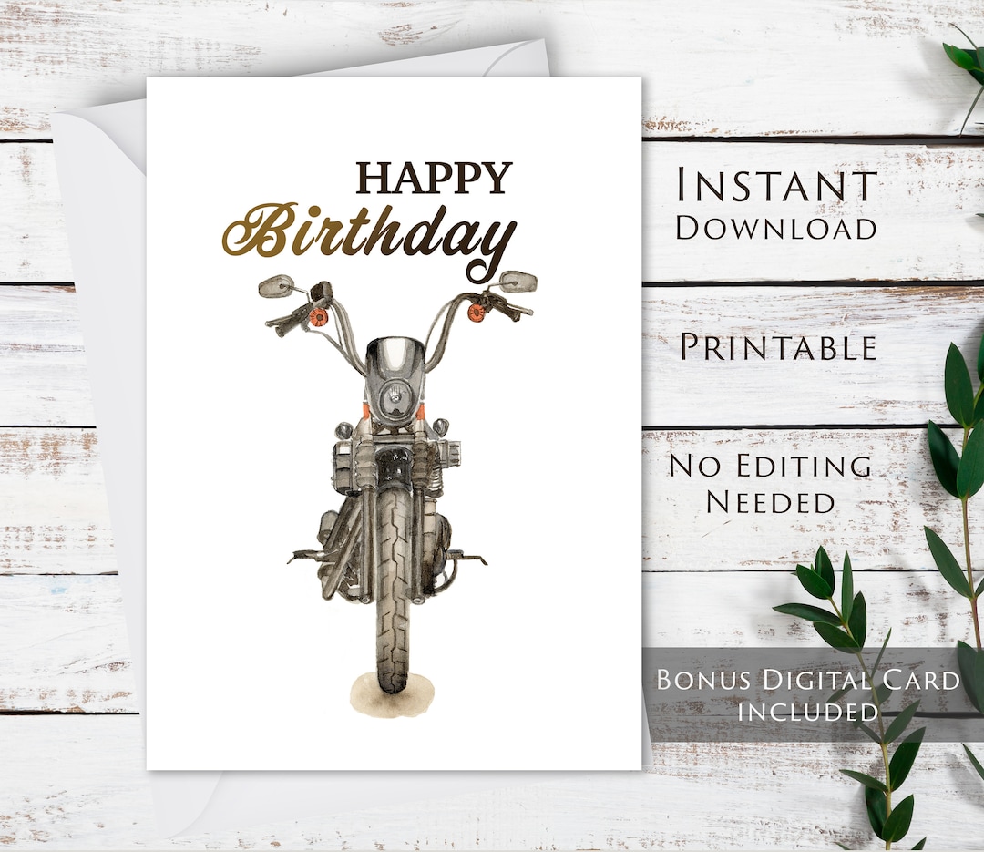 Printable Motorcycle Happy Birthday Card, Instant Download, Motorcycle ...