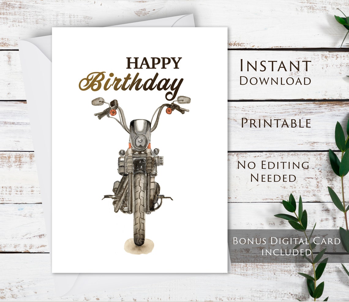 Printable Motorcycle Happy Birthday Card, Instant Download, Motorcycle ...