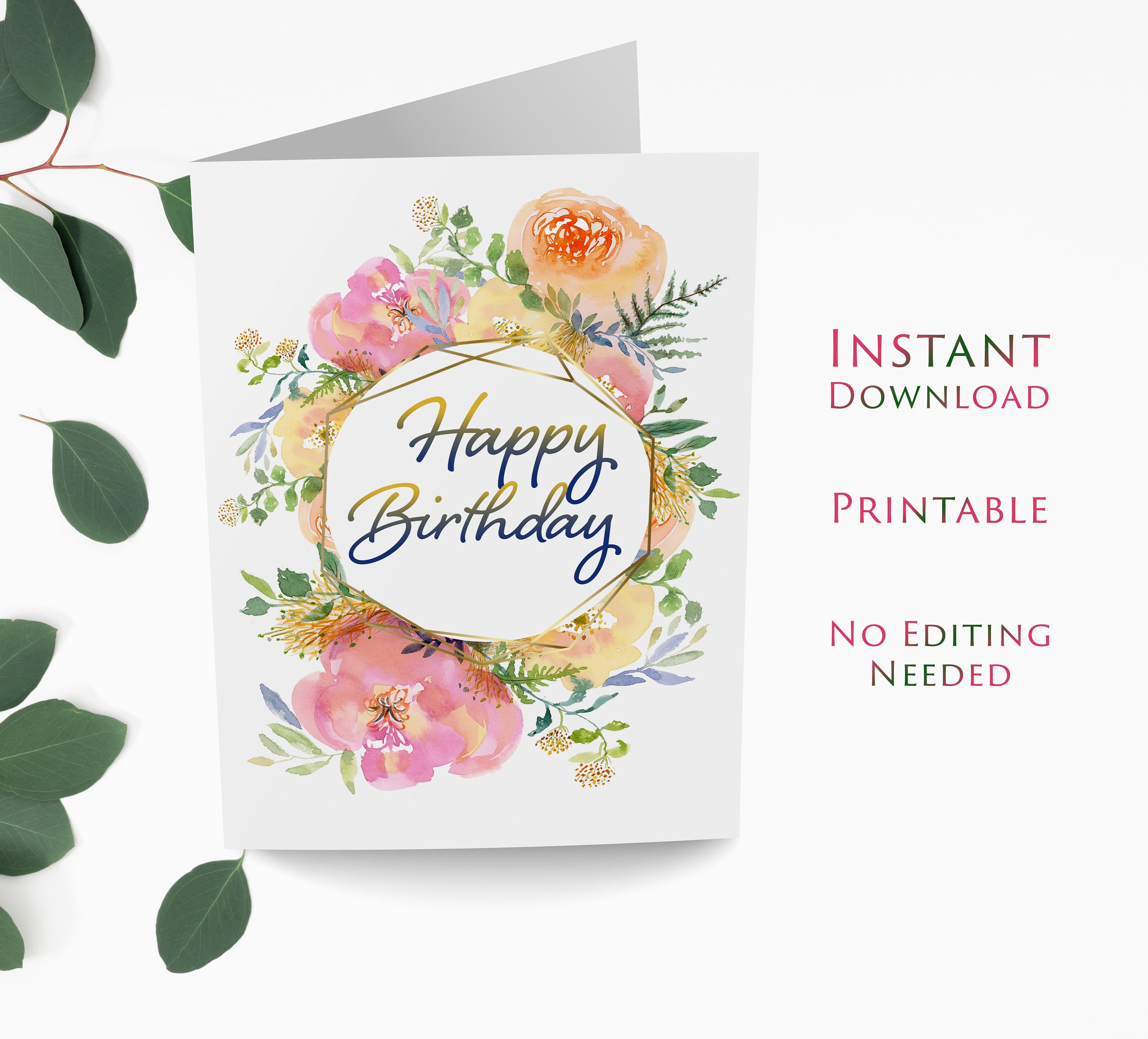 Printable Floral Card, Instant Download, Happy Birthday Card, Digital ...