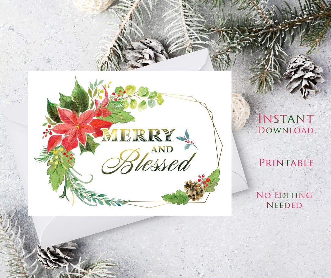 Printable Merry and Blessed Card, Instant Download, Christmas, Holidays ...