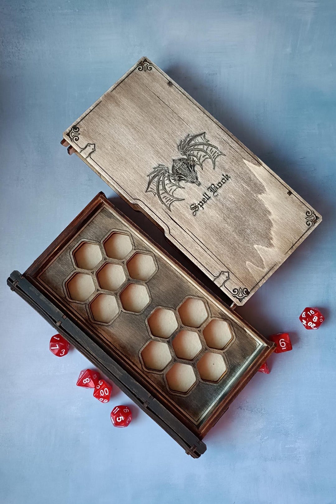 Handmade Wooden Spellbook Dice Box – Fantasy RPG Dice Storage With ...