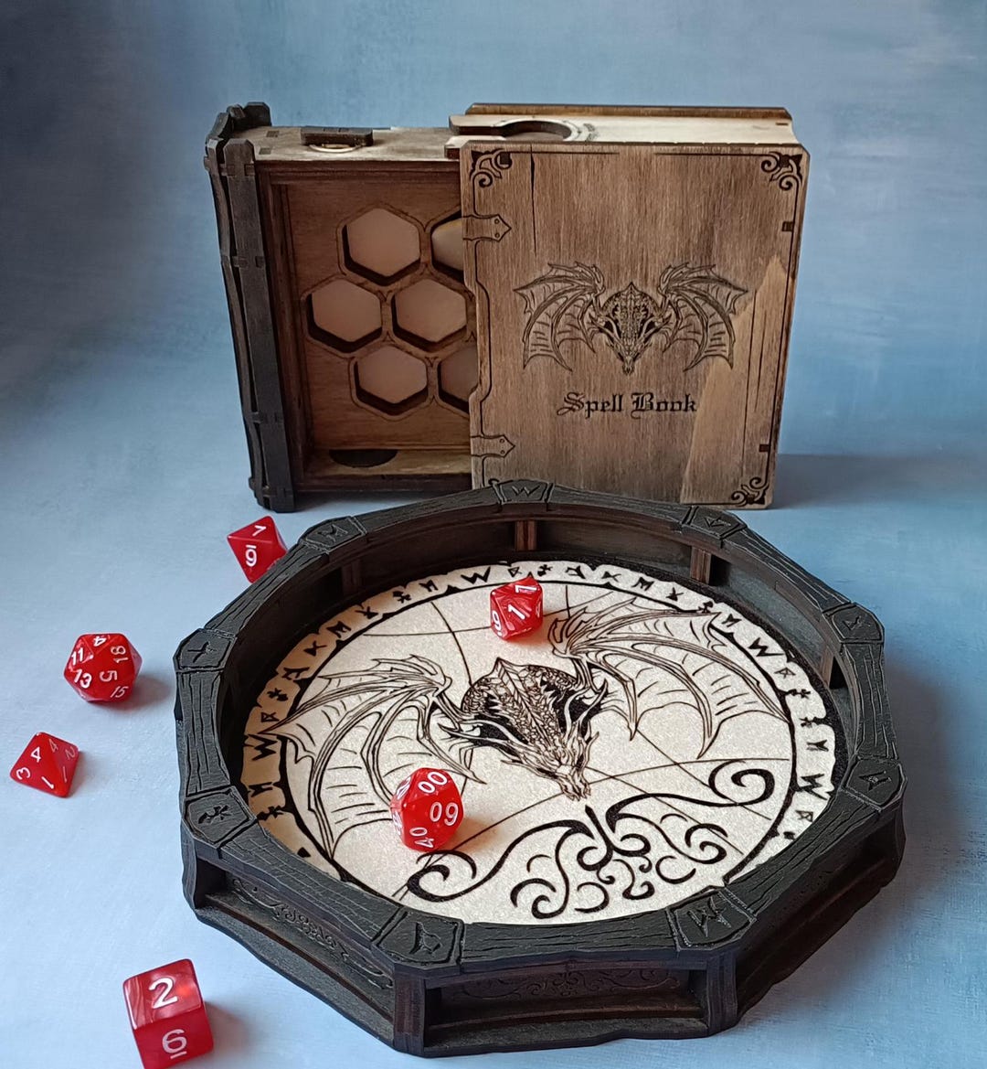 Fantasy Wooden Dice Tray & Spellbook Dice Box – RPG Dice Storage With ...