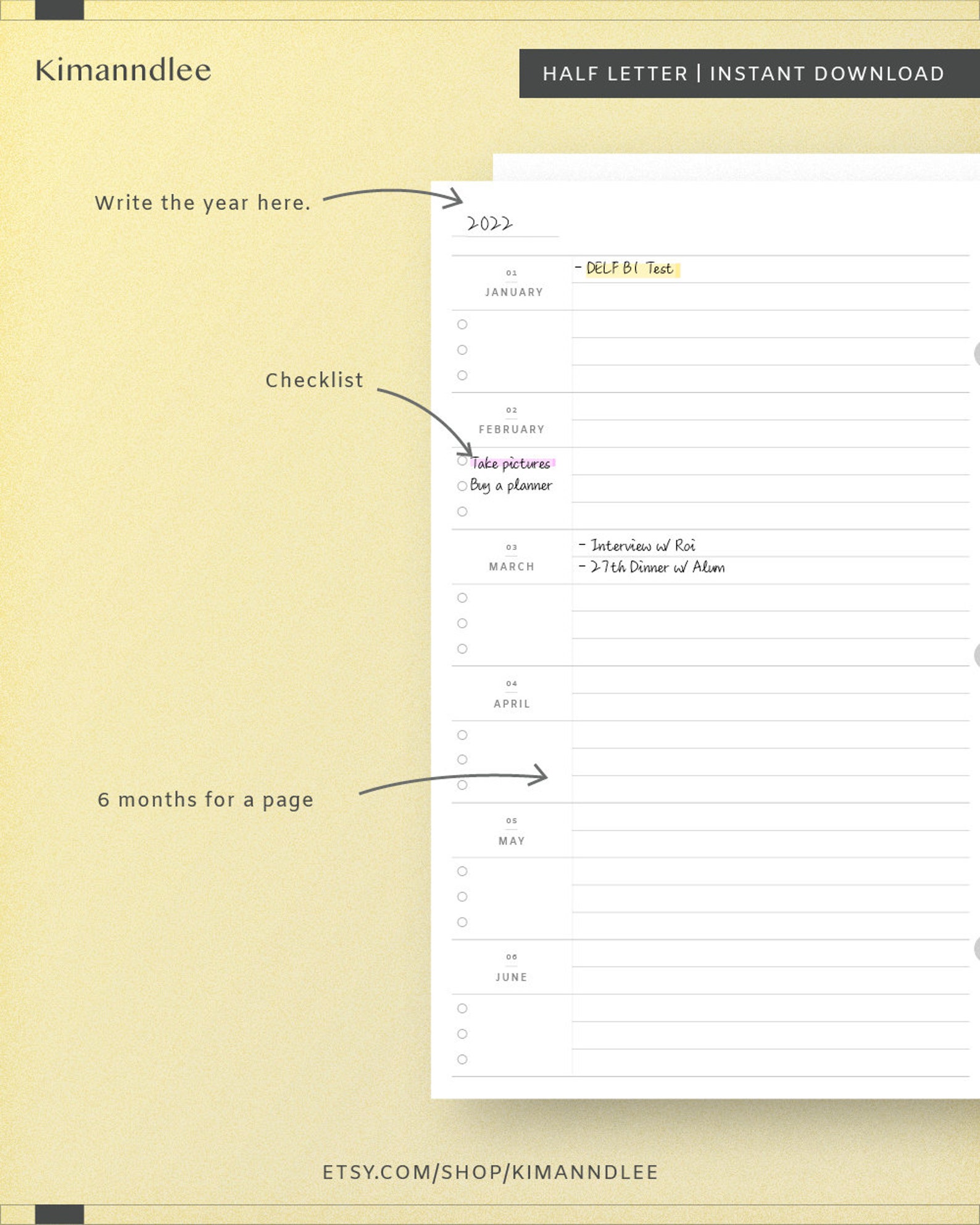 Half Letter Lined Yearly Printable PDF Year on Two Pages, Yearly ...