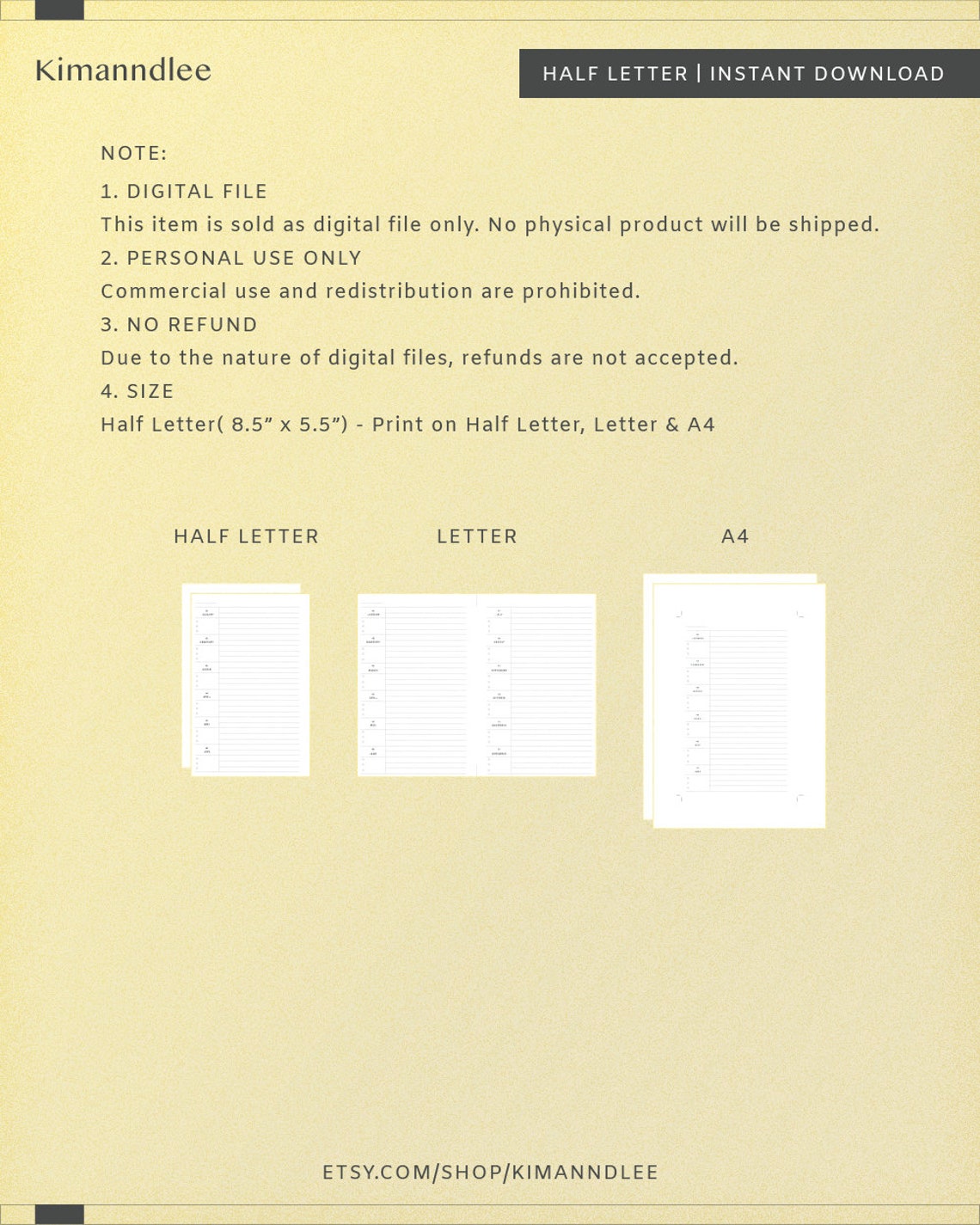 Half Letter Lined Yearly Printable PDF Year on Two Pages, Yearly ...