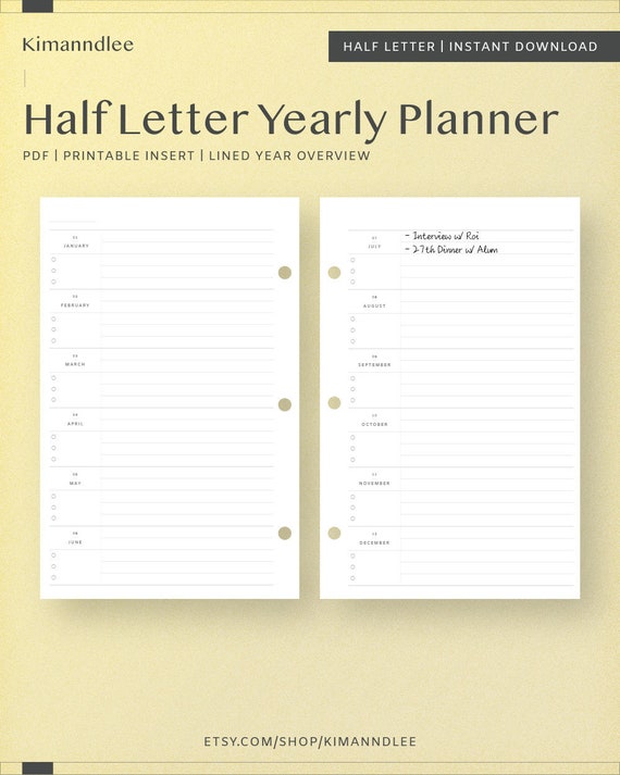 Half Letter Lined Yearly Printable PDF Year on Two Pages | Etsy