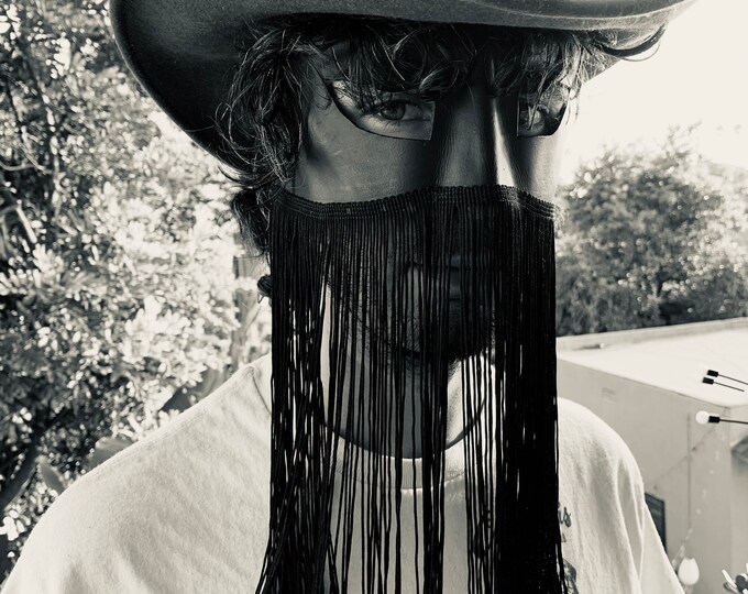 Leather Face Mask Inspired by Orville Peck, With 12” Black Fringe - Etsy