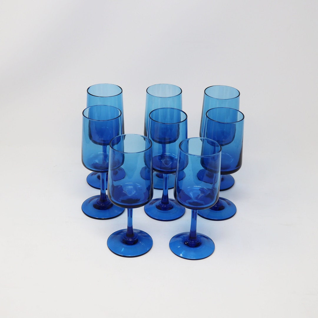 8 Blue Hand-blown Glass MCM Wine Water Goblets 6 1/8, Modern Cobalt ...
