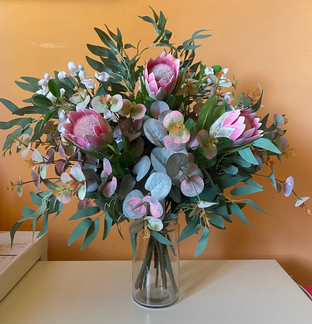 Native Protea and Blush Eucalyptus Bush Faux Floral Arrangement *READ ...