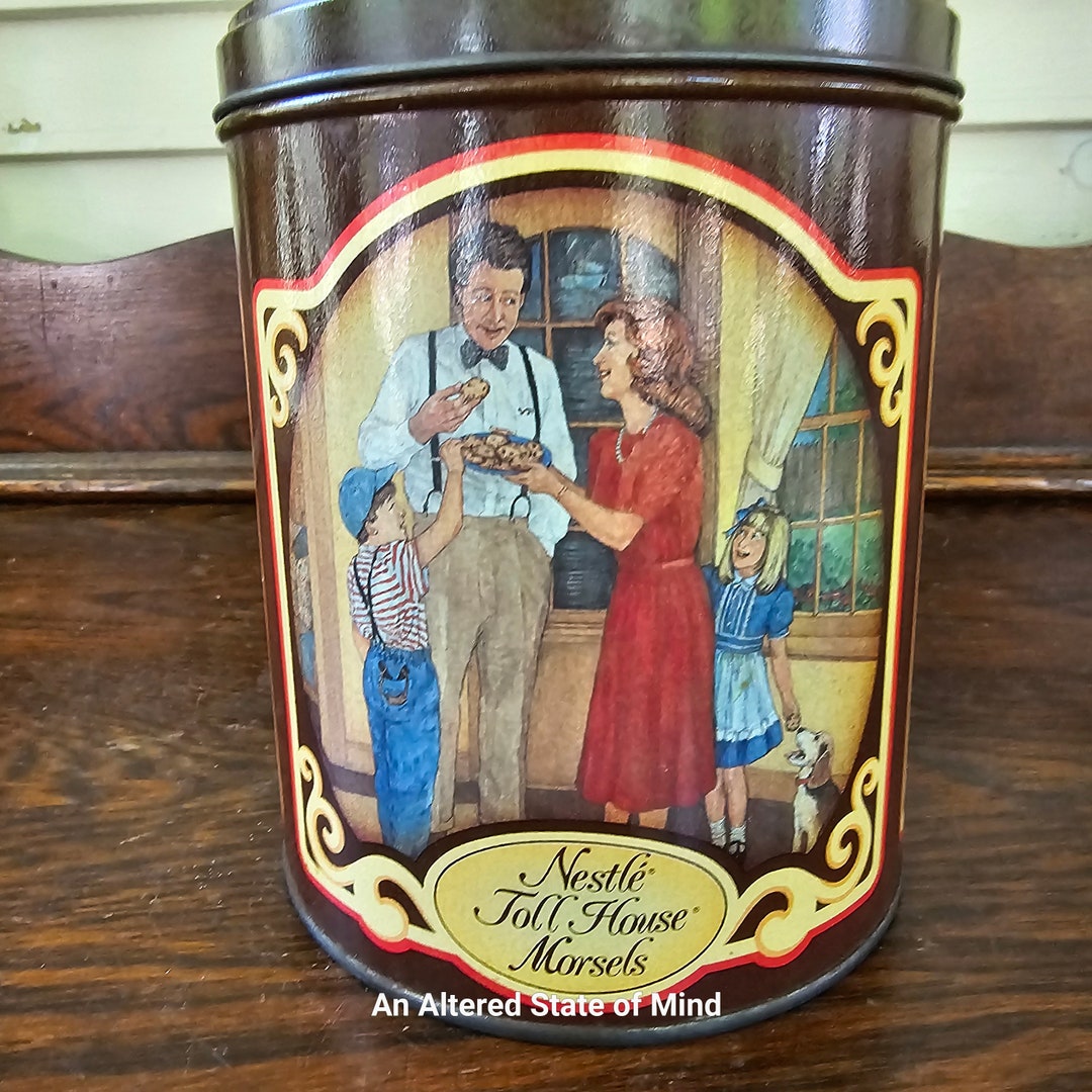 Vintage Nestle Toll House Tin Can Canister, Nestle Morsels Round Metal ...