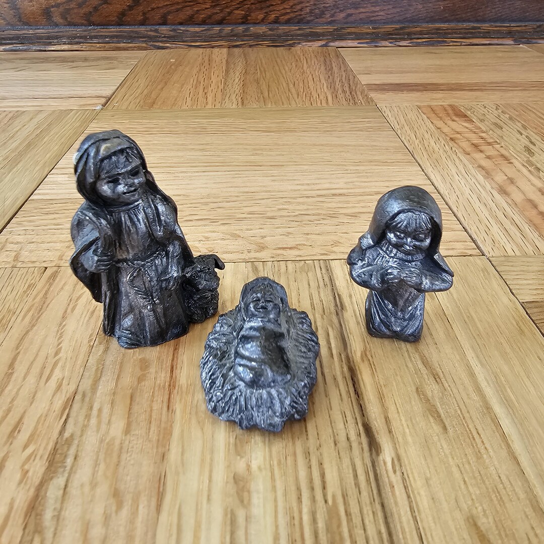 Vintage Pewter Nativity Set, 3 Pc Miniature, Mary Joseph Baby Jesus ...