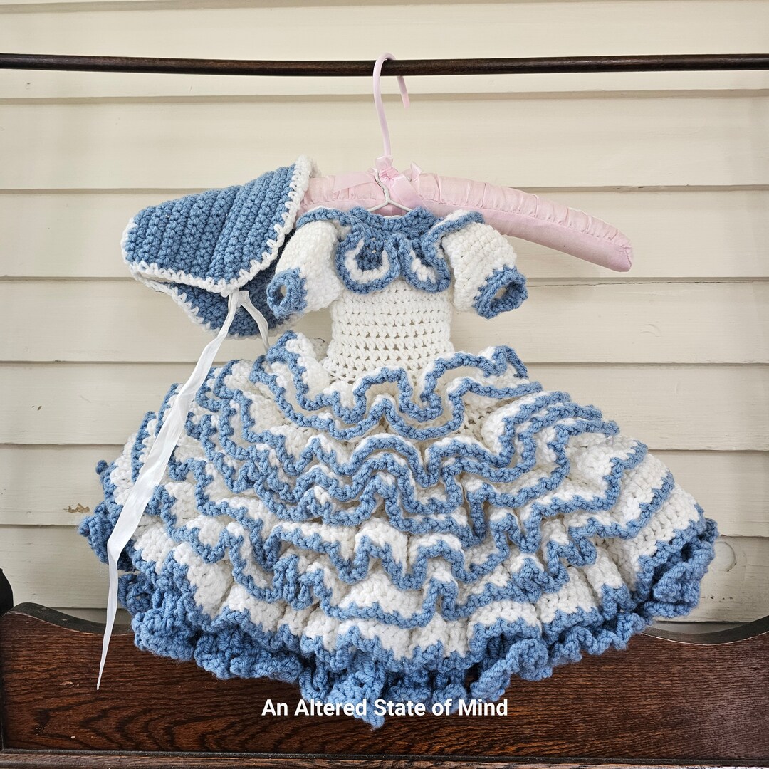 Vintage Hand Crochet Doll Dress, Blue and White Ruffle Yarn Colonial ...