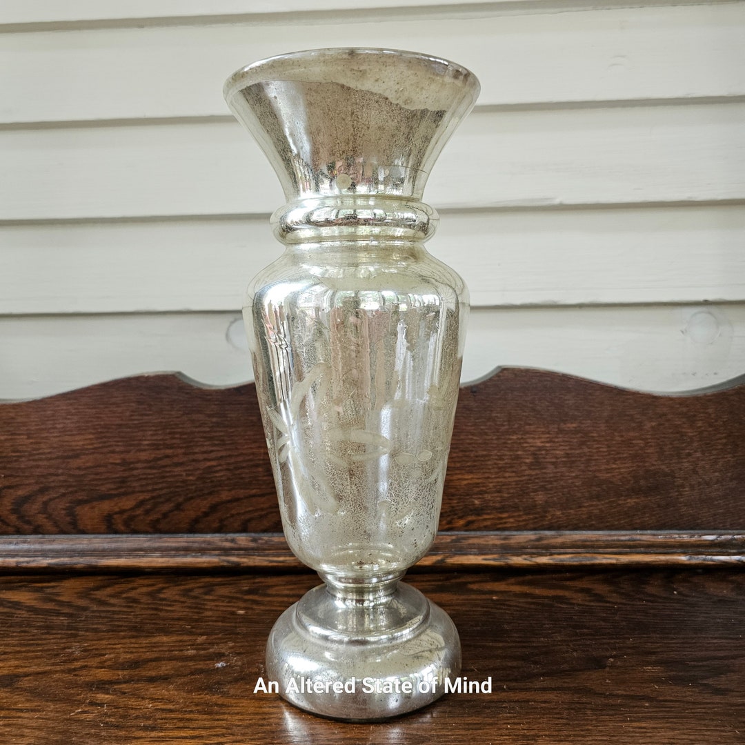 Vintage Mercury Glass Vase, Handblown Hallow Silver Glass Vase ...