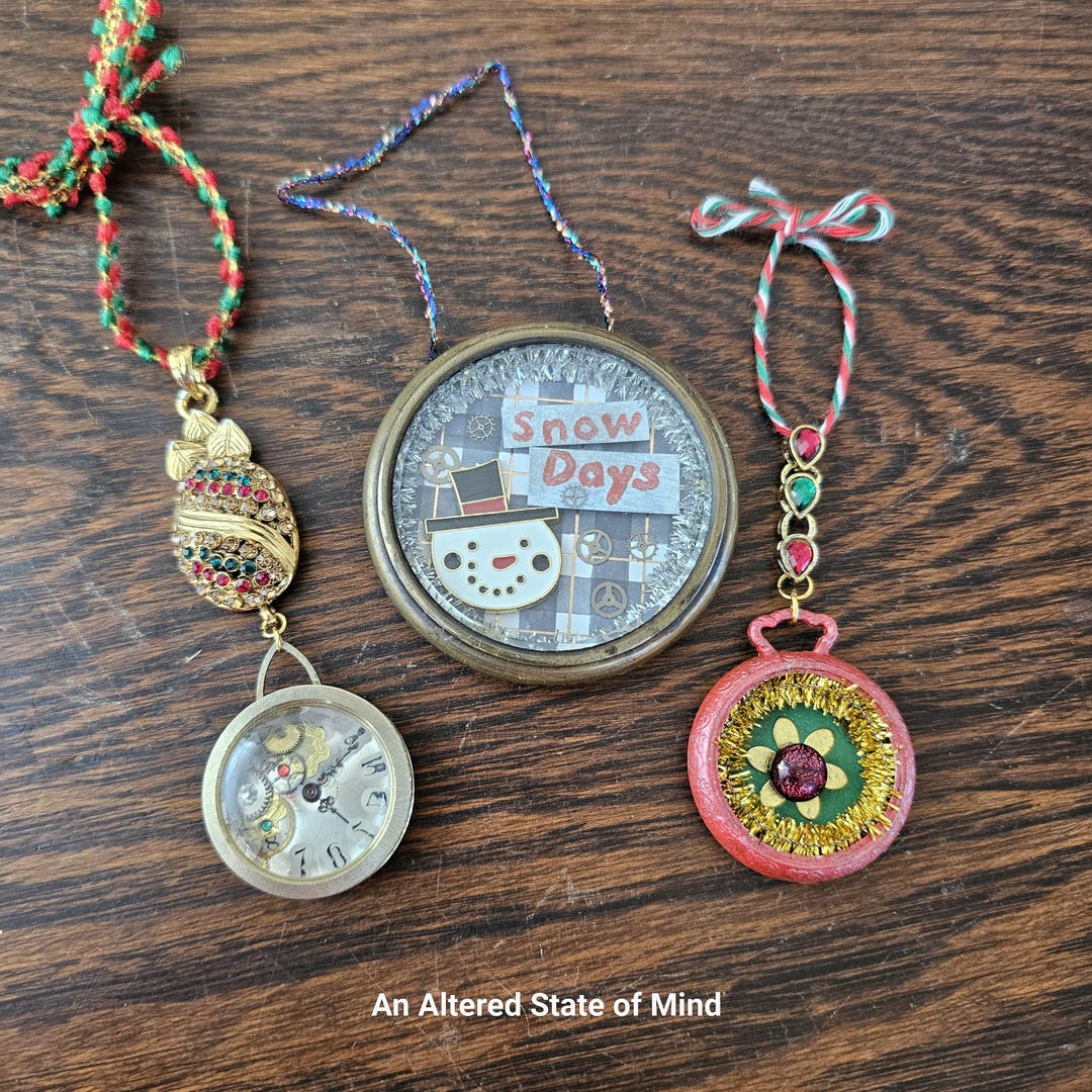 Repurposed Pocket Watch Ornament Set: Snowman Assemblage Art, Handmade ...