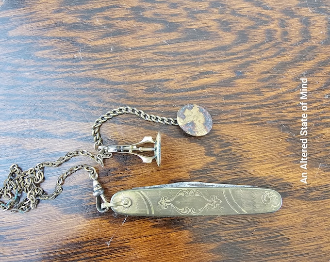 Small Vintage Pocket Knife Chain Fob Gold Filled Folding Double Blade ...