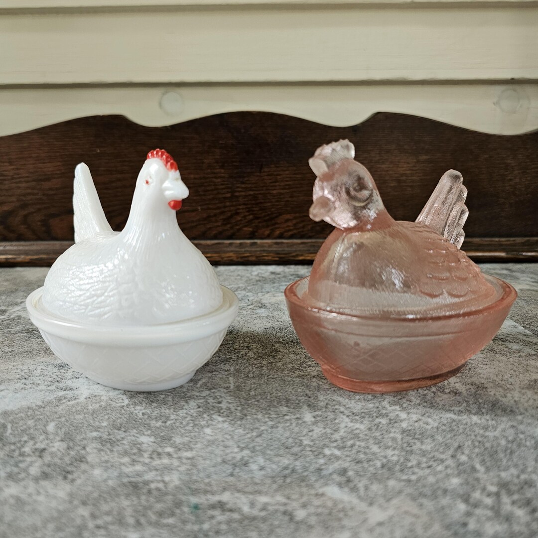 Choice Vintage Nesting Hen Dish, White Milk Glass Pink Depression Glass ...