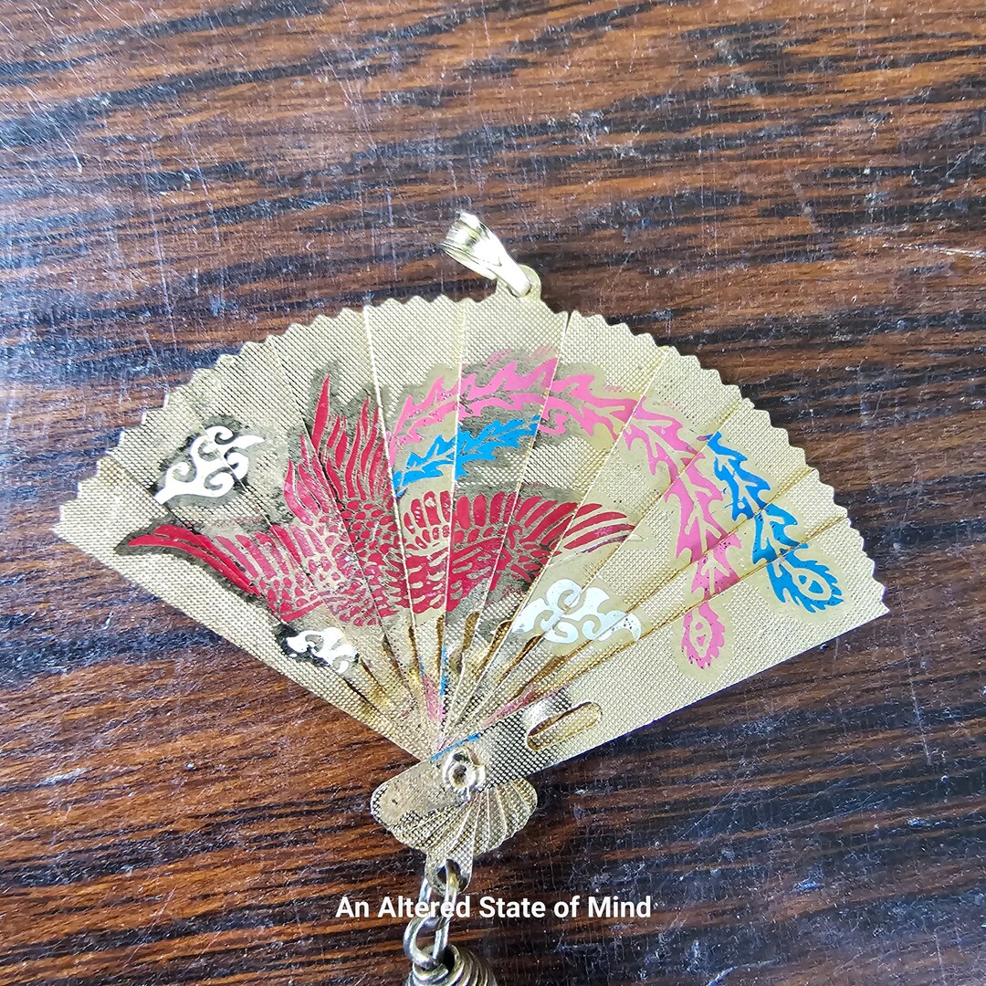 Vintage Gold Tone Folding Fan Pendant, Chinese Hand Fan, Handpainted ...