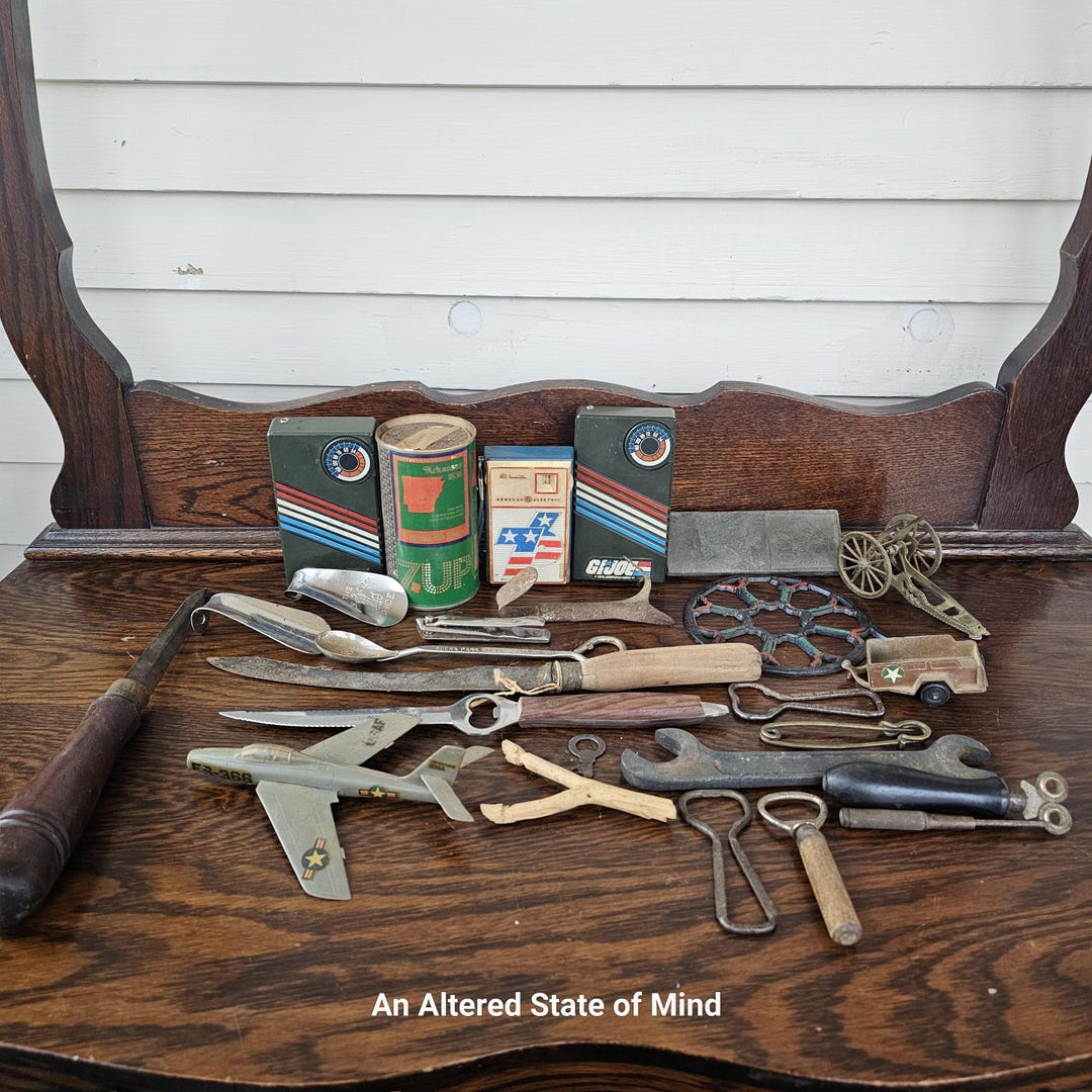 Guys Junk Drawer Lot, Vintage Reclaimed Junk, Knife, Can Opener, Shoe ...
