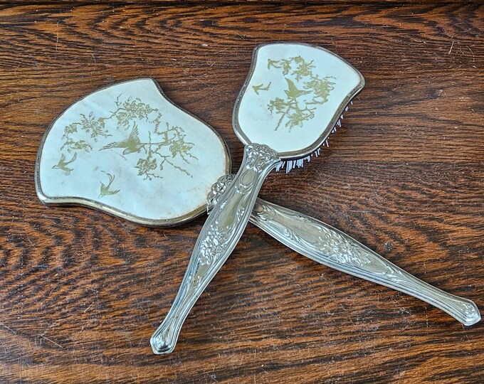 Vintage Silver Tone Brush Mirror Set Mid-century Handheld Hand Mirror ...