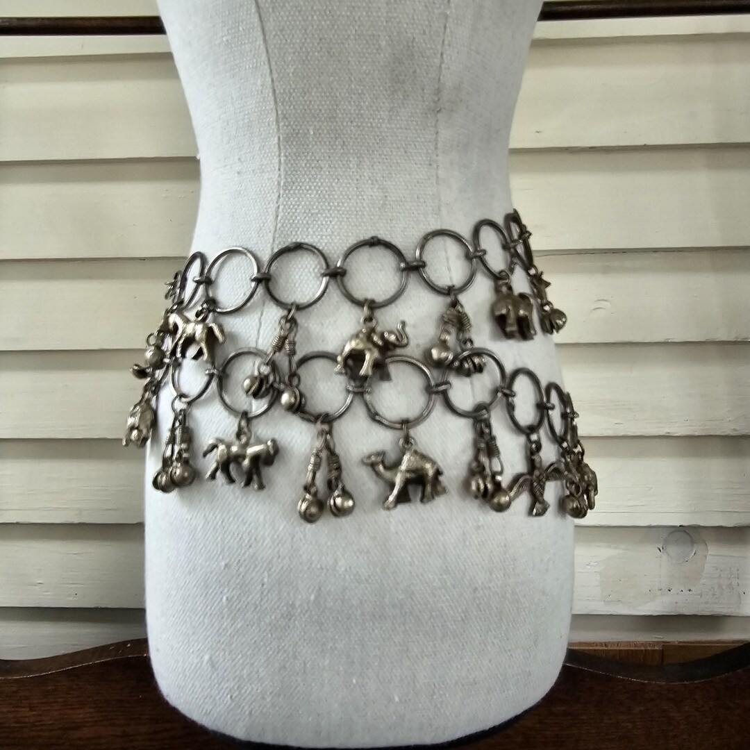 Vintage Belly Dancer Dangle Bell Belt, Silver Tone Animal Charm, Metal ...