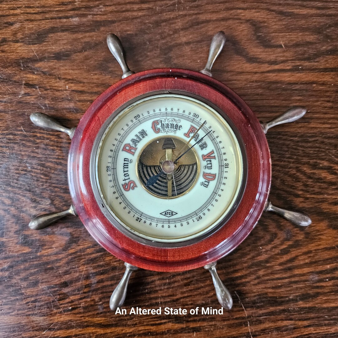 Vintage Nautical Barometer Atco Captains Ship Wheel Wood Brass Weather ...