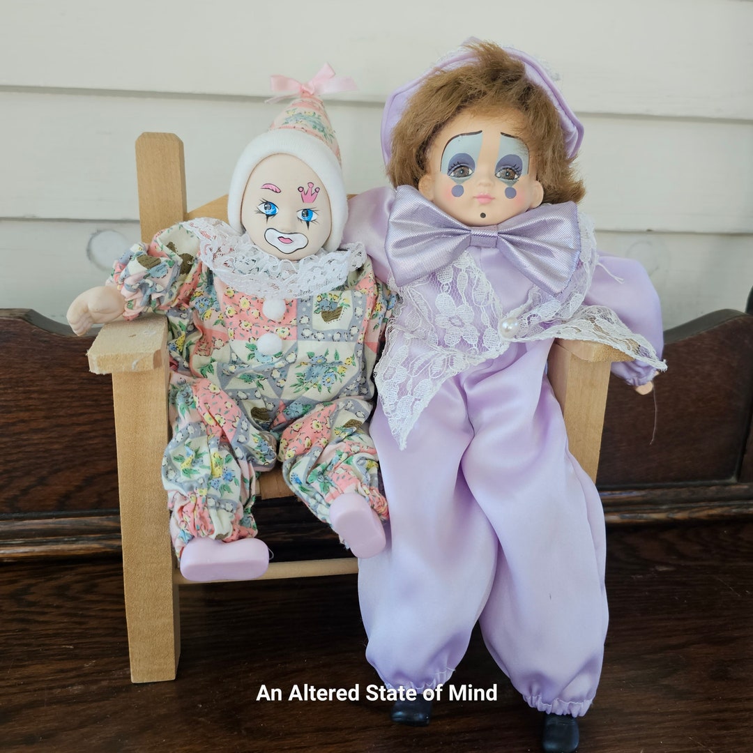 2 Vintage Porcelain Face Clown Doll and Bench Fabric Body Pastel Jester ...