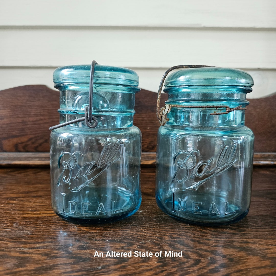 2 Vintage Ball Ideal Jar With Wire Bail Glass Lid, Blue Ball Pint Mason ...