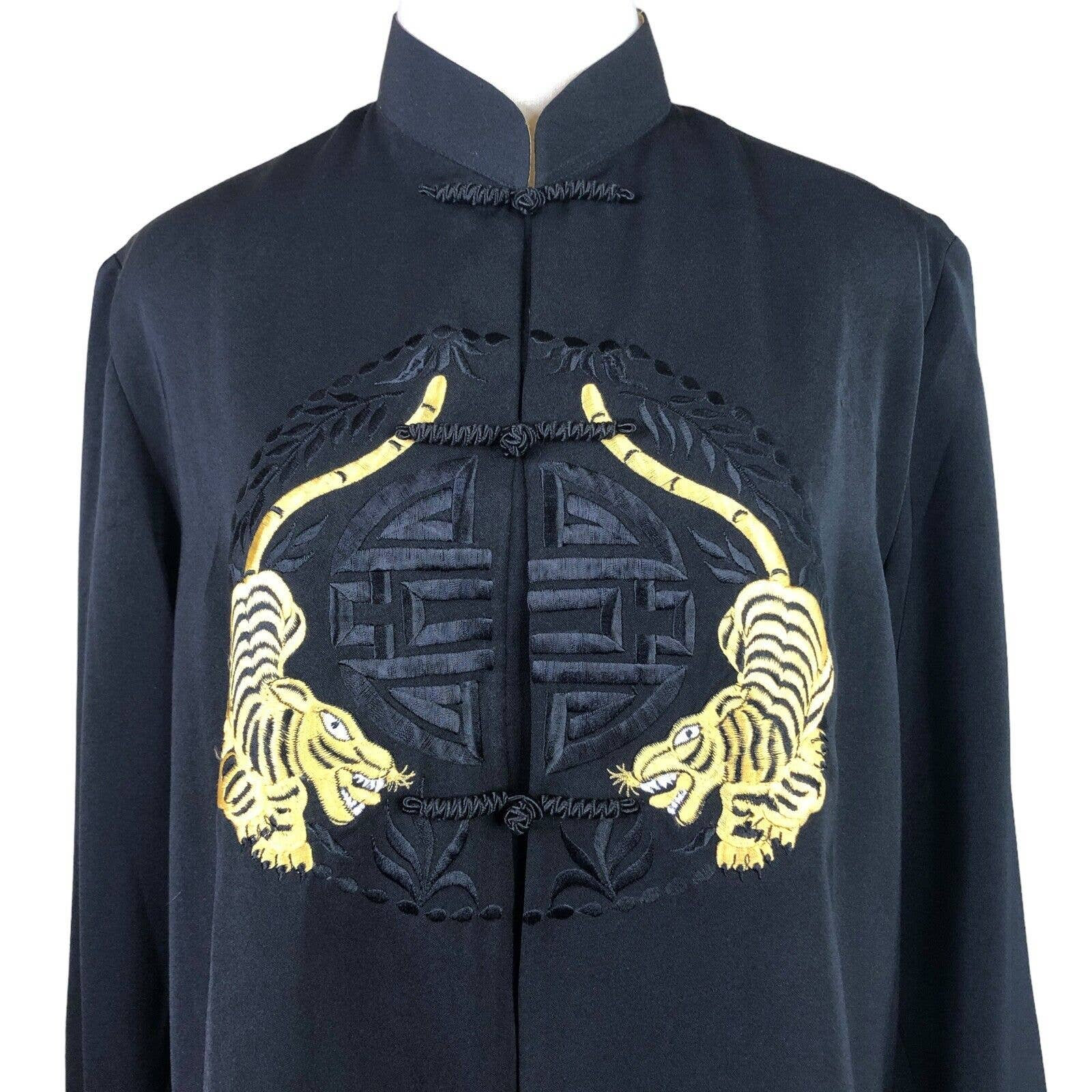 Asian Kimono Jacket Large Black Gold 100% Silk Embroidered Tiger Frog ...