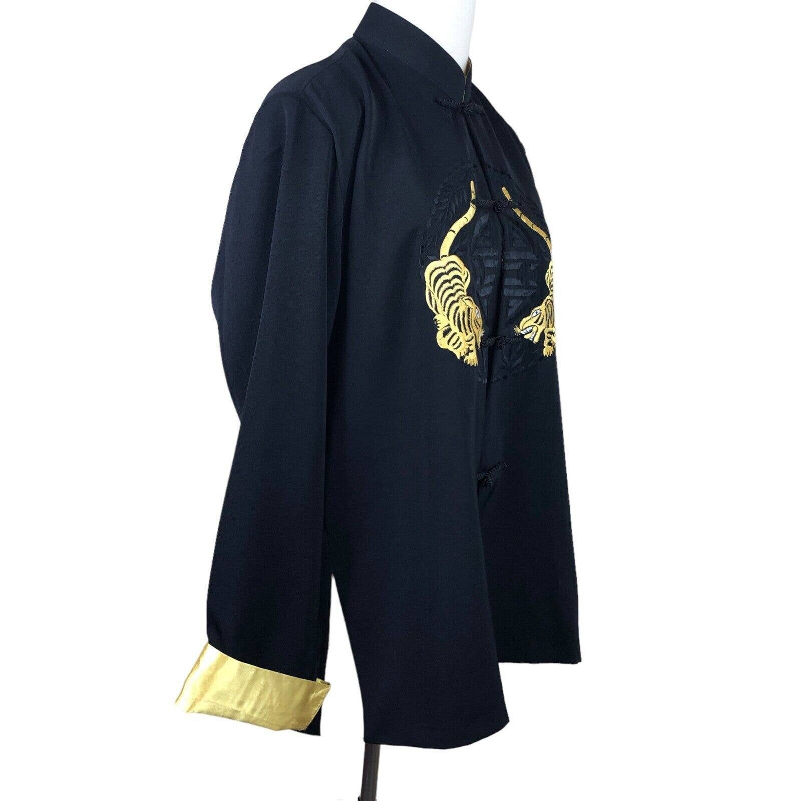 Asian Kimono Jacket Large Black Gold 100% Silk Embroidered Tiger Frog ...