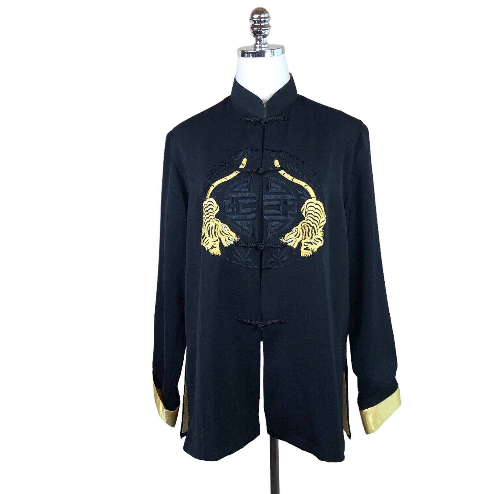 Asian Kimono Jacket Large Black Gold 100% Silk Embroidered Tiger Frog ...