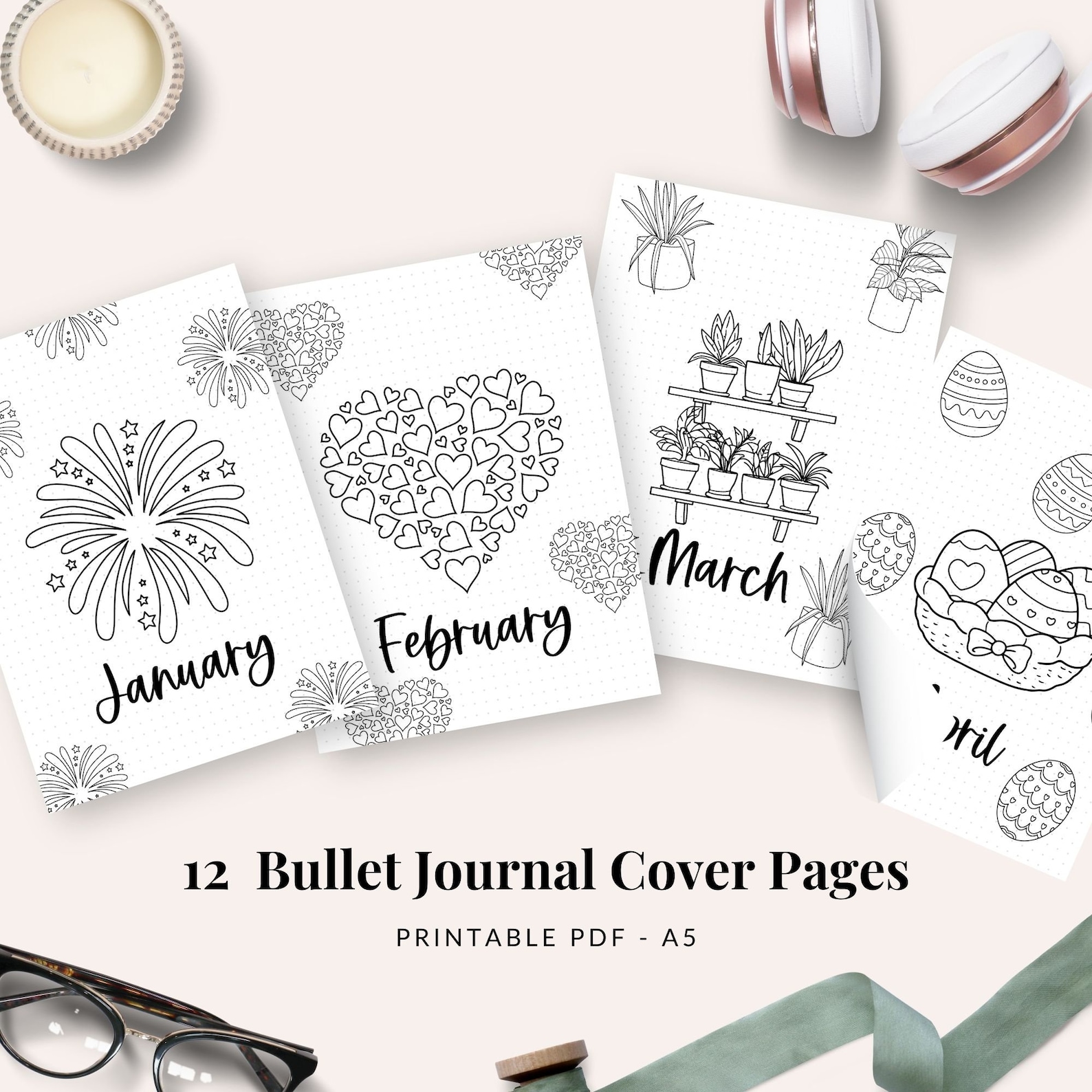 12 Printable Monthly Cover Pages, A5 Planner Title Page, Bullet Journal ...