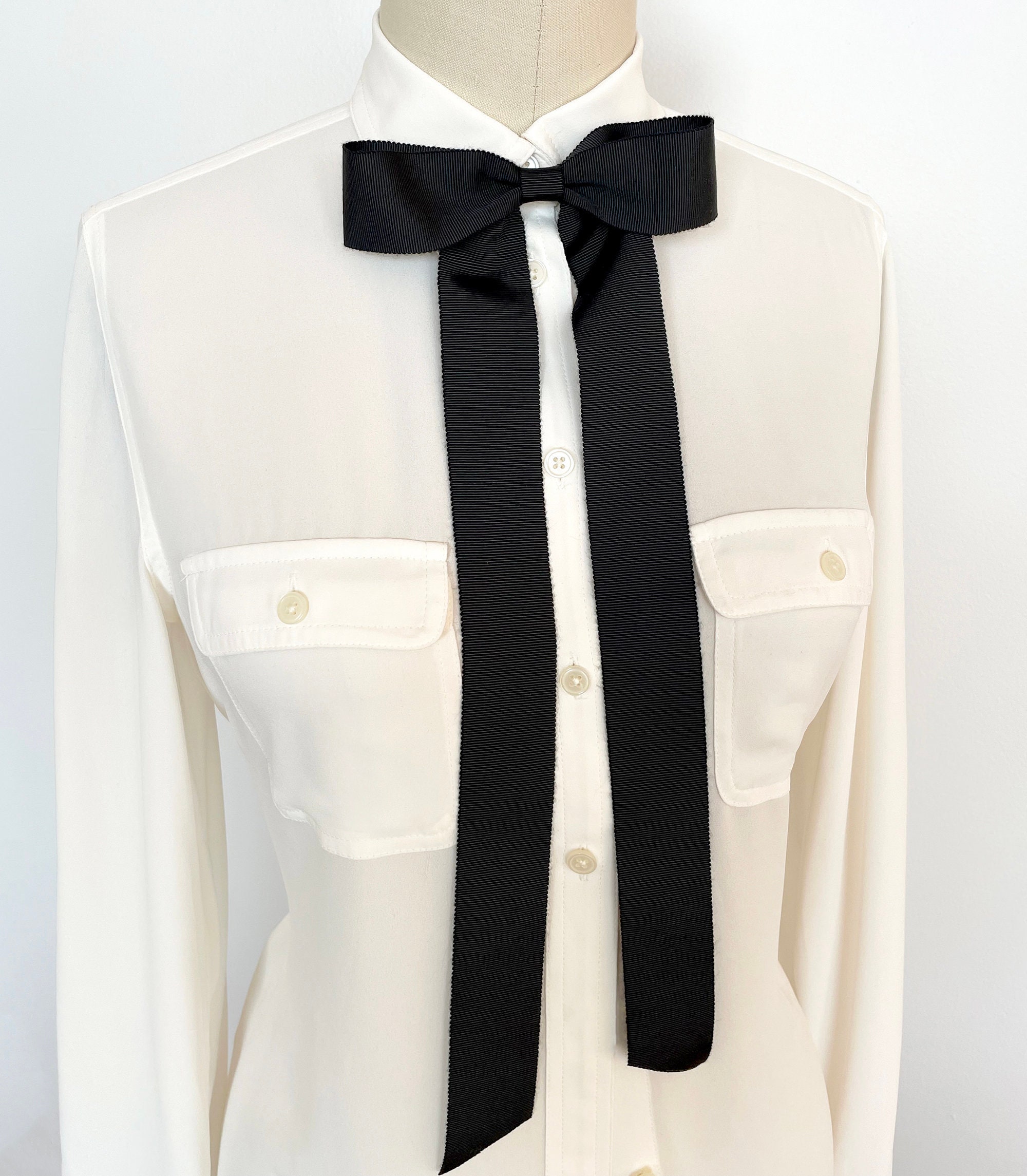 Long Black Grosgrain Demure Style Bow Neckwear Brooch Fashion Accessory ...