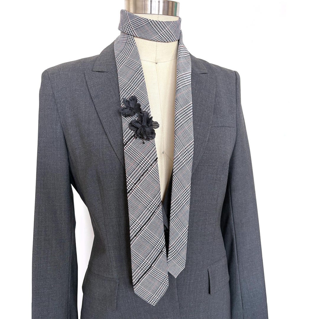 Plaid Upcycled Necktie, Embroidered With Beads & Flowers, Black/white ...