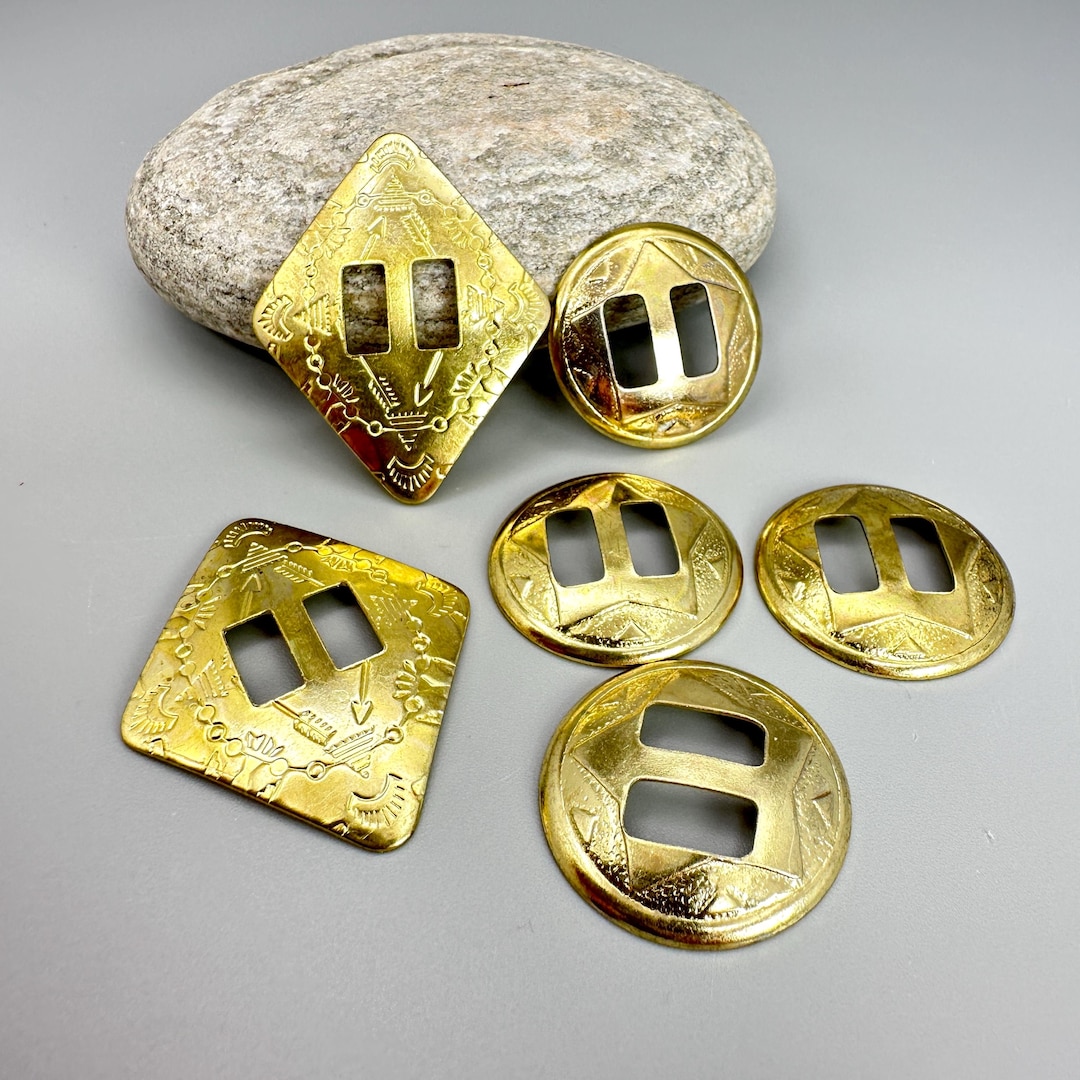 6pc Vintage Gold Tone Western Conchos - 10mm Slotted Hat Band Cord ...