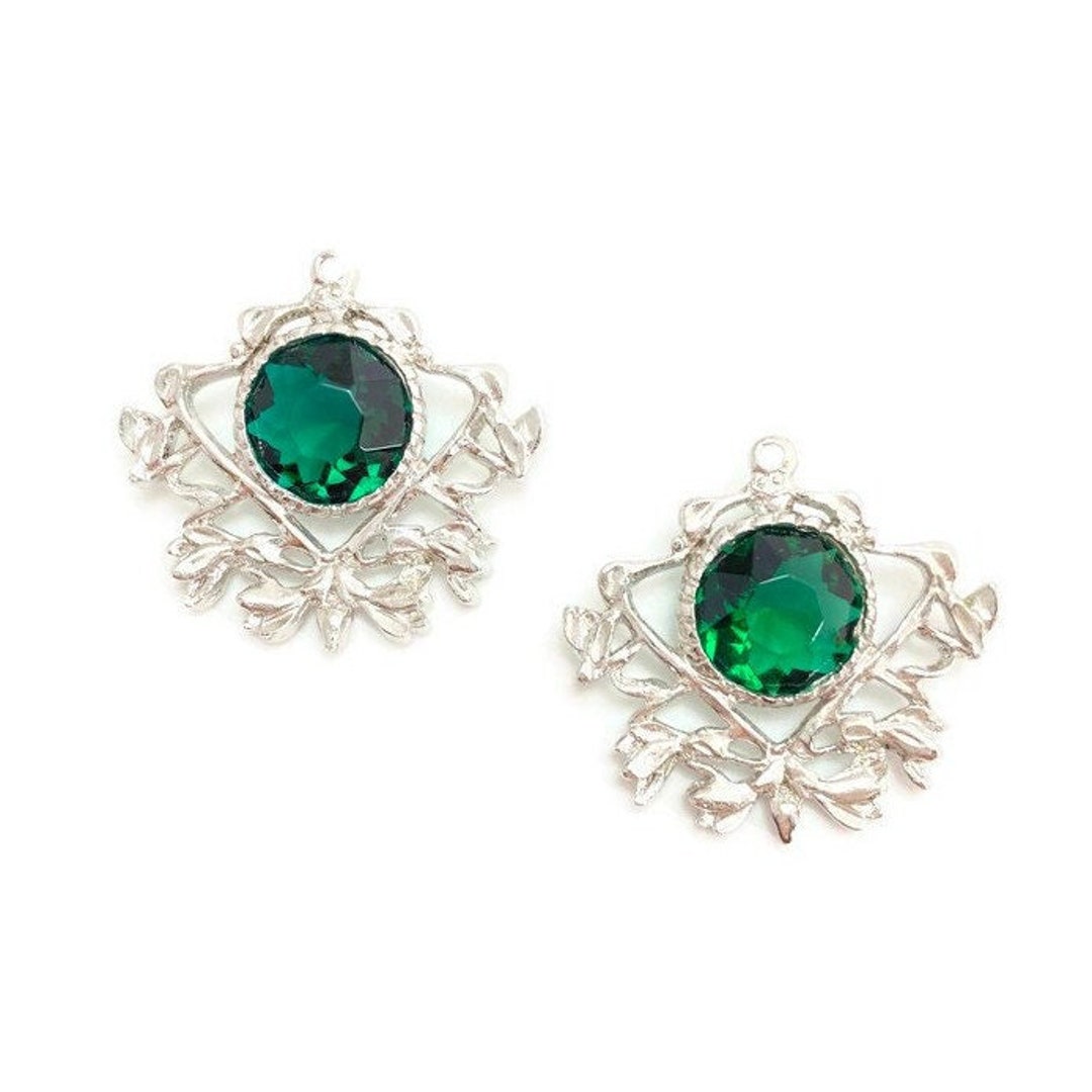 Vintage Silver Mistletoe Floral Frame Pendants Teal Green Faceted Glass ...