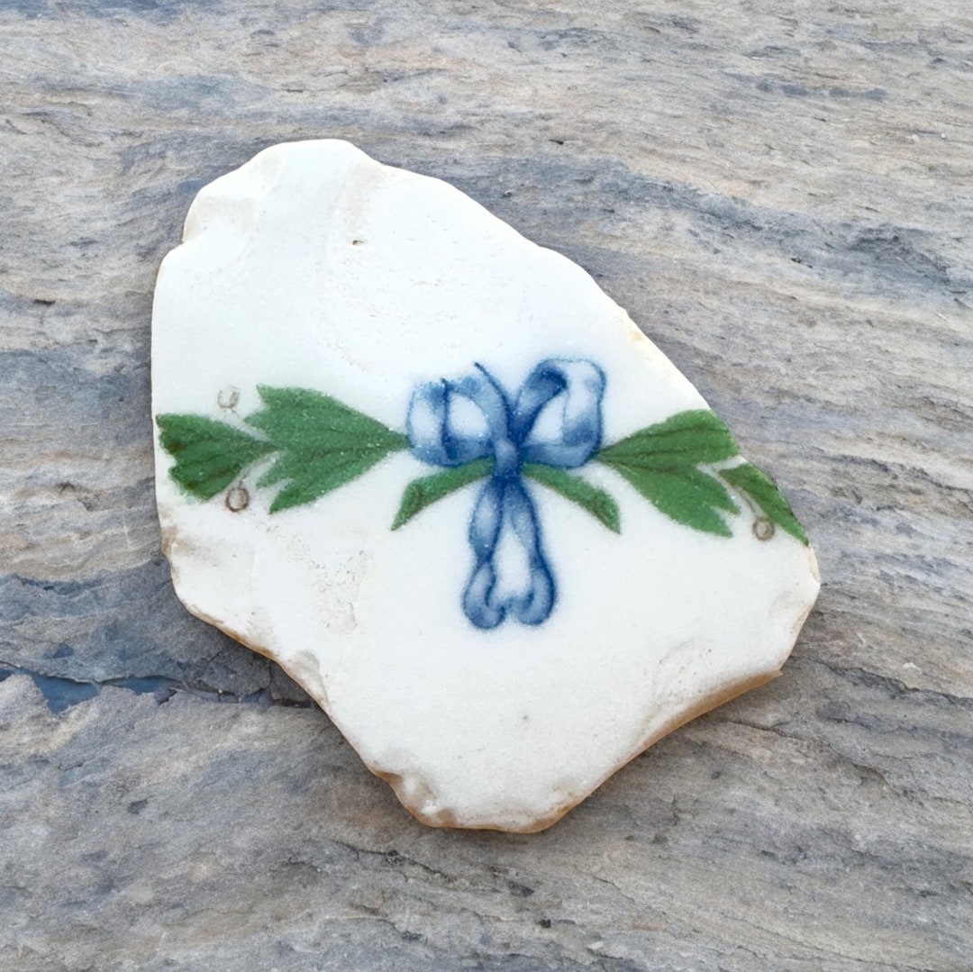 River Beach Pottery Shard Blue Bow Green Leaves Naturally Tumbled ...