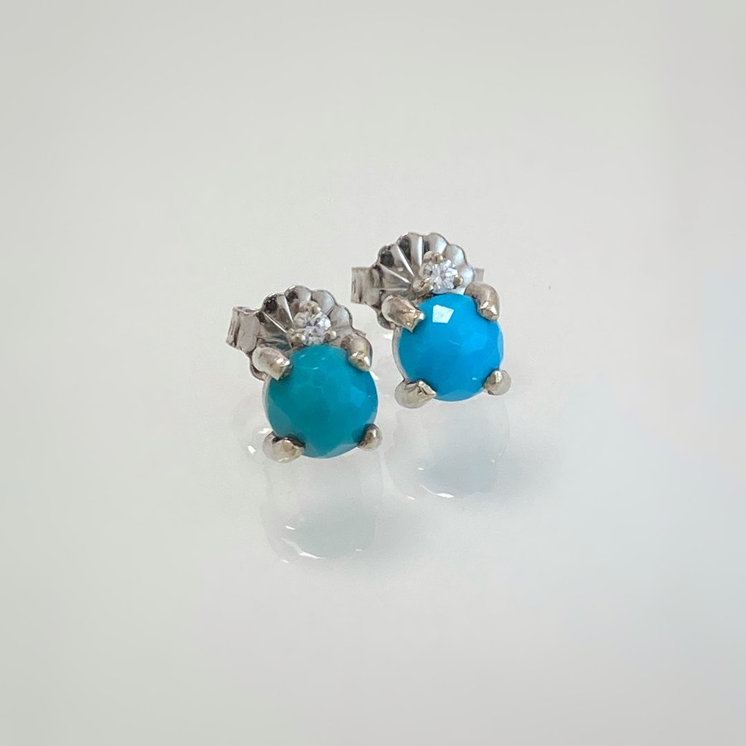 Turquoise Stud Earrings, Genuine Rose Cut Turquoise and Genuine Diamond ...