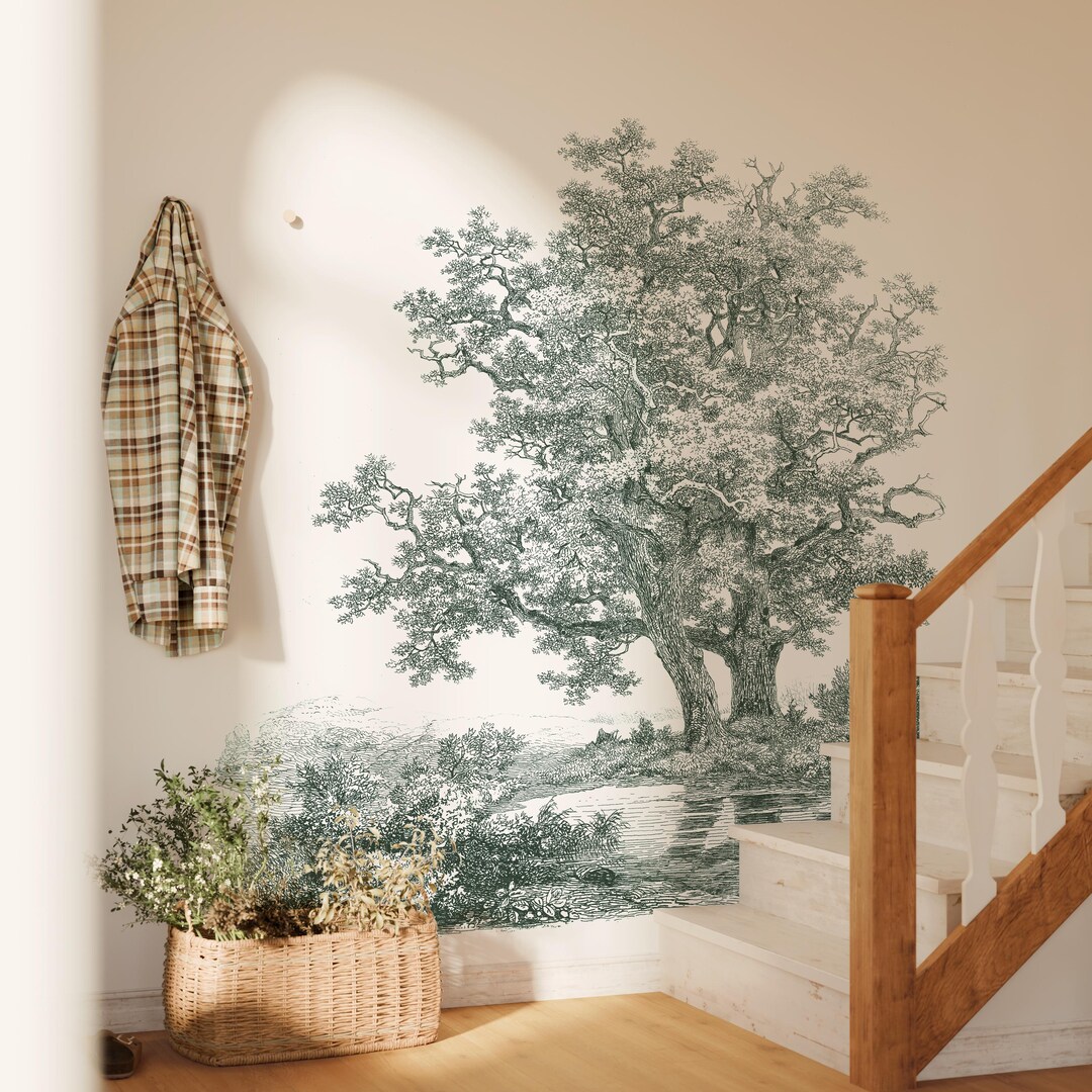 Custom Color Vintage Tree Landscape Neutral Colors Wallpaper, Scenic ...
